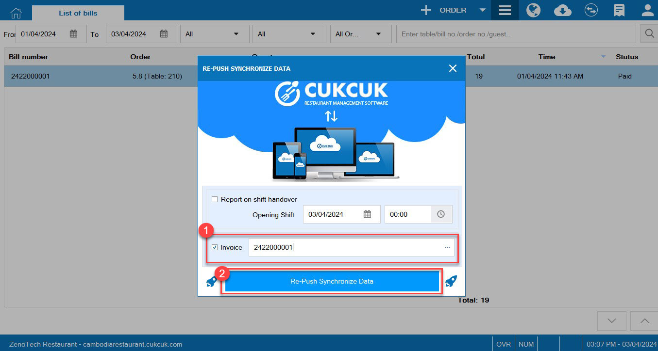 How to re-synchronize missing bill or shift report on the management page – MISA CUKCUK