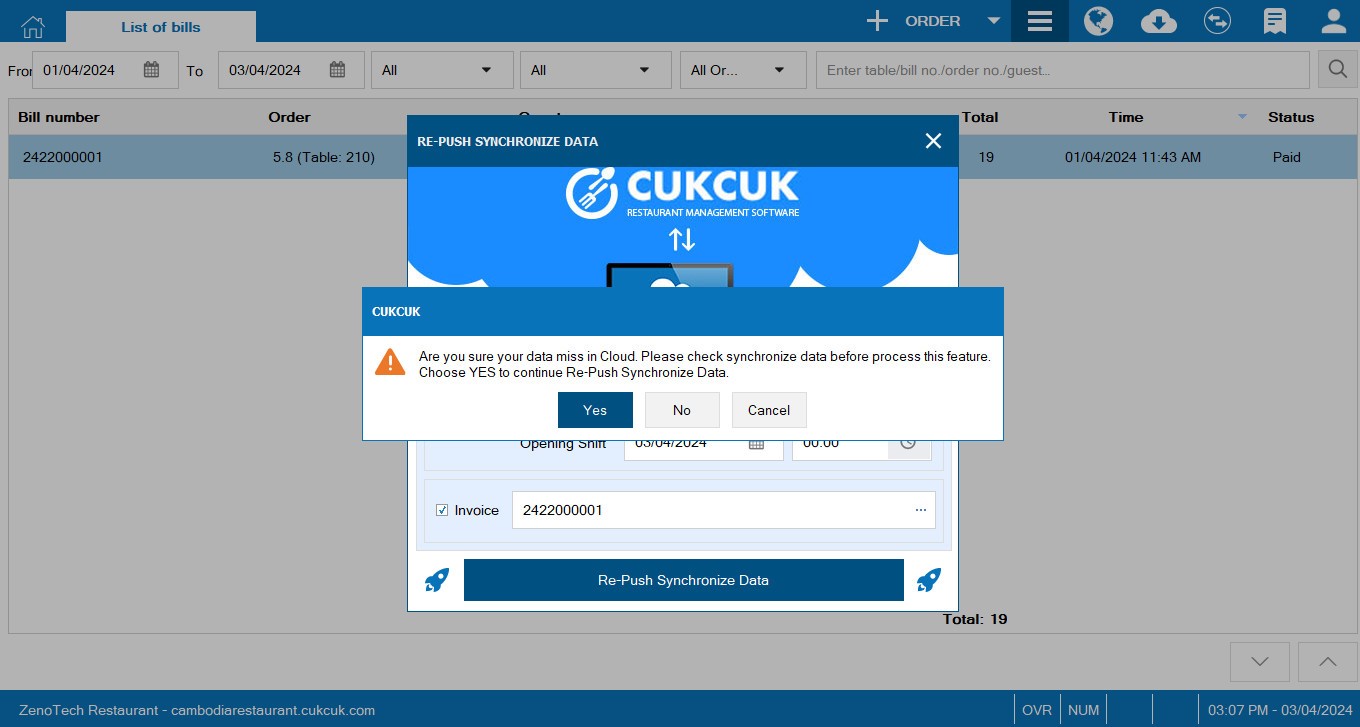 How to re-synchronize missing bill or shift report on the management page – MISA CUKCUK