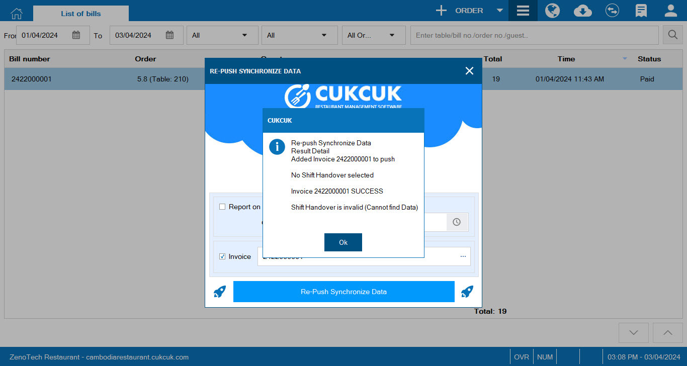 How to re-synchronize missing bill or shift report on the management page – MISA CUKCUK